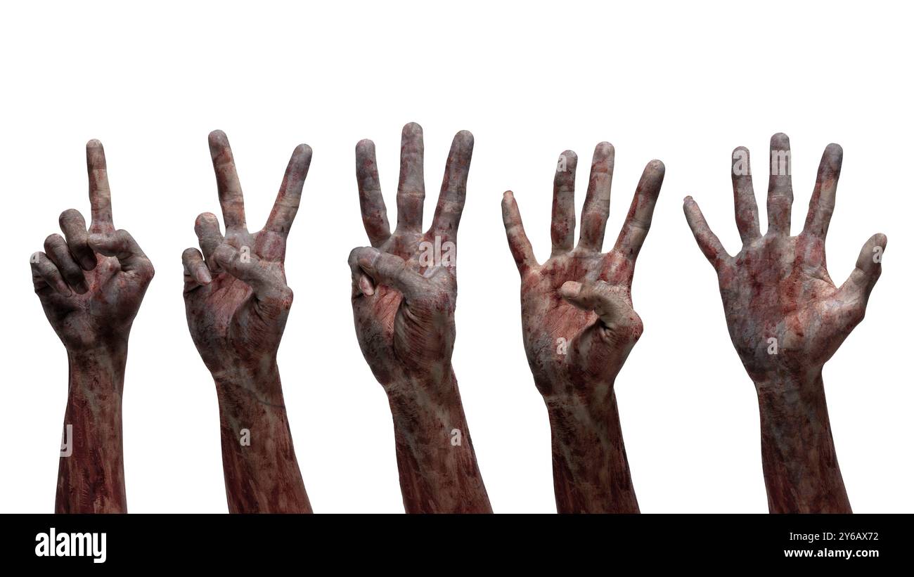 Set of zombie hands with a bloody wound in counting gestures from one ...