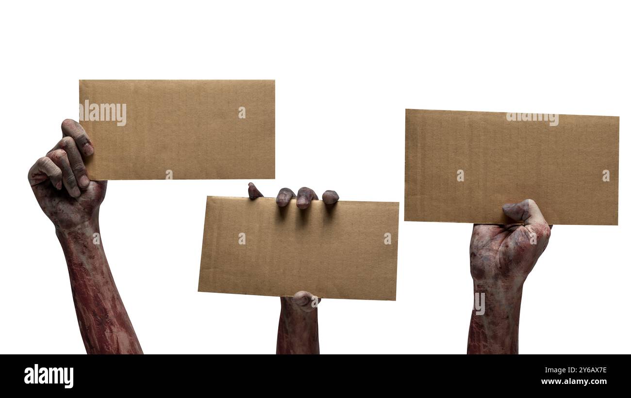 Set of zombie hands with a bloody wound holding cardboard. Blank ...