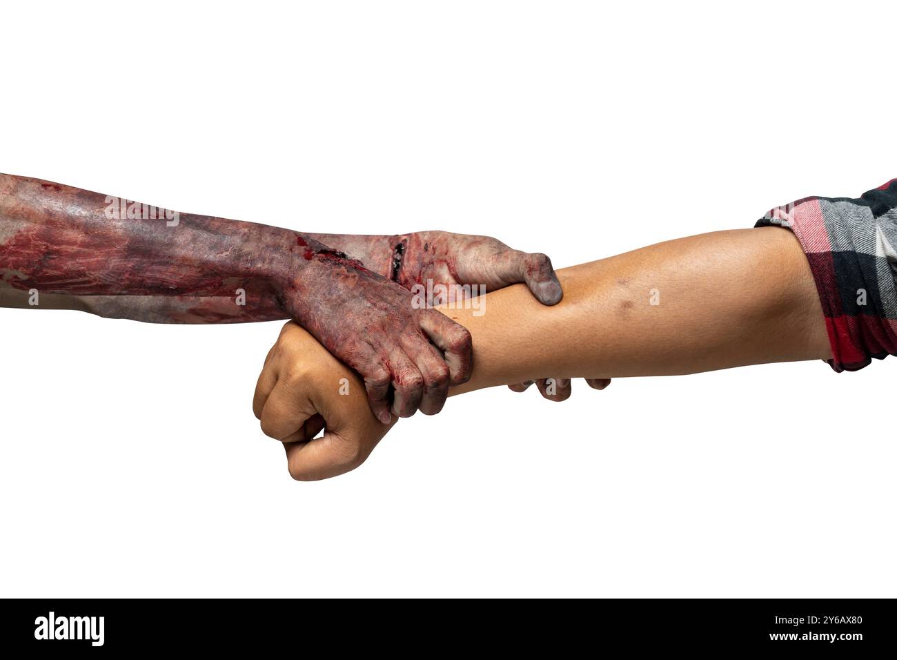 A zombie hand with a bloody wound grabs a human hand. Zombie, devil ...
