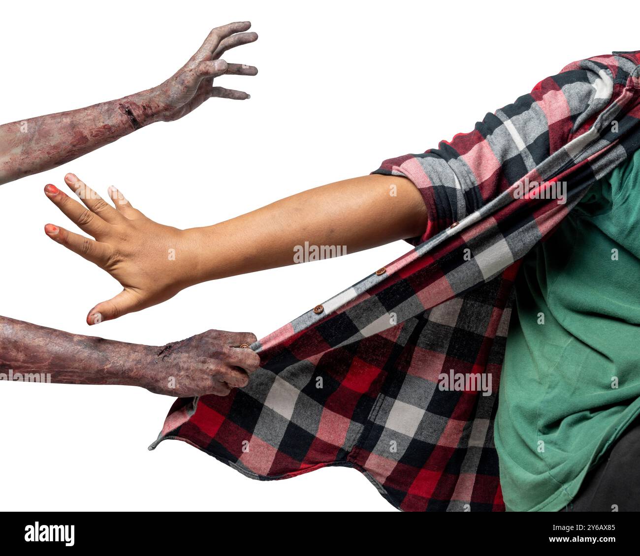 A zombie hand with a bloody wound grabs a human shirt. Zombie, devil ...