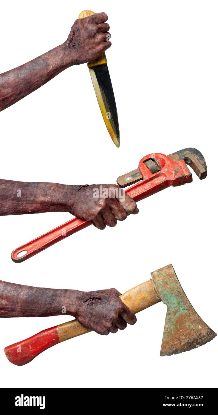 Three zombie hands with a bloody wound holding a knife, a pipe wrench ...