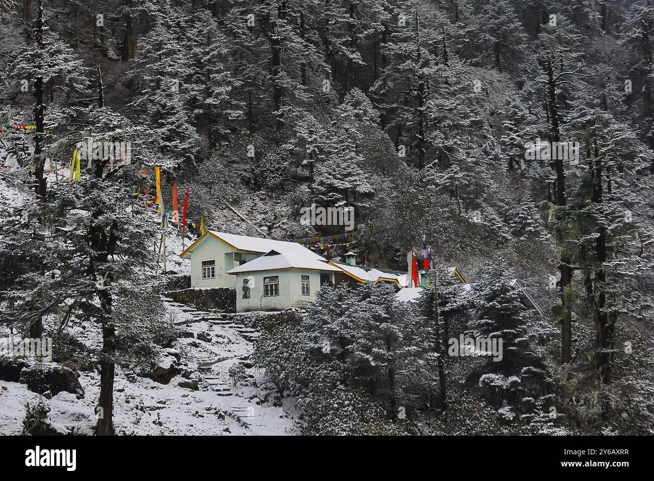 snowy winter landscape, remote himalaya mountain village covered with ...