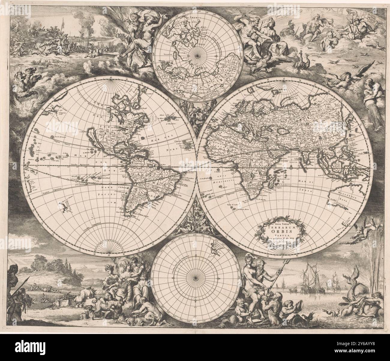World map with an allegory on the four elements, Nova totius terrarum orbis tabula (title on ...