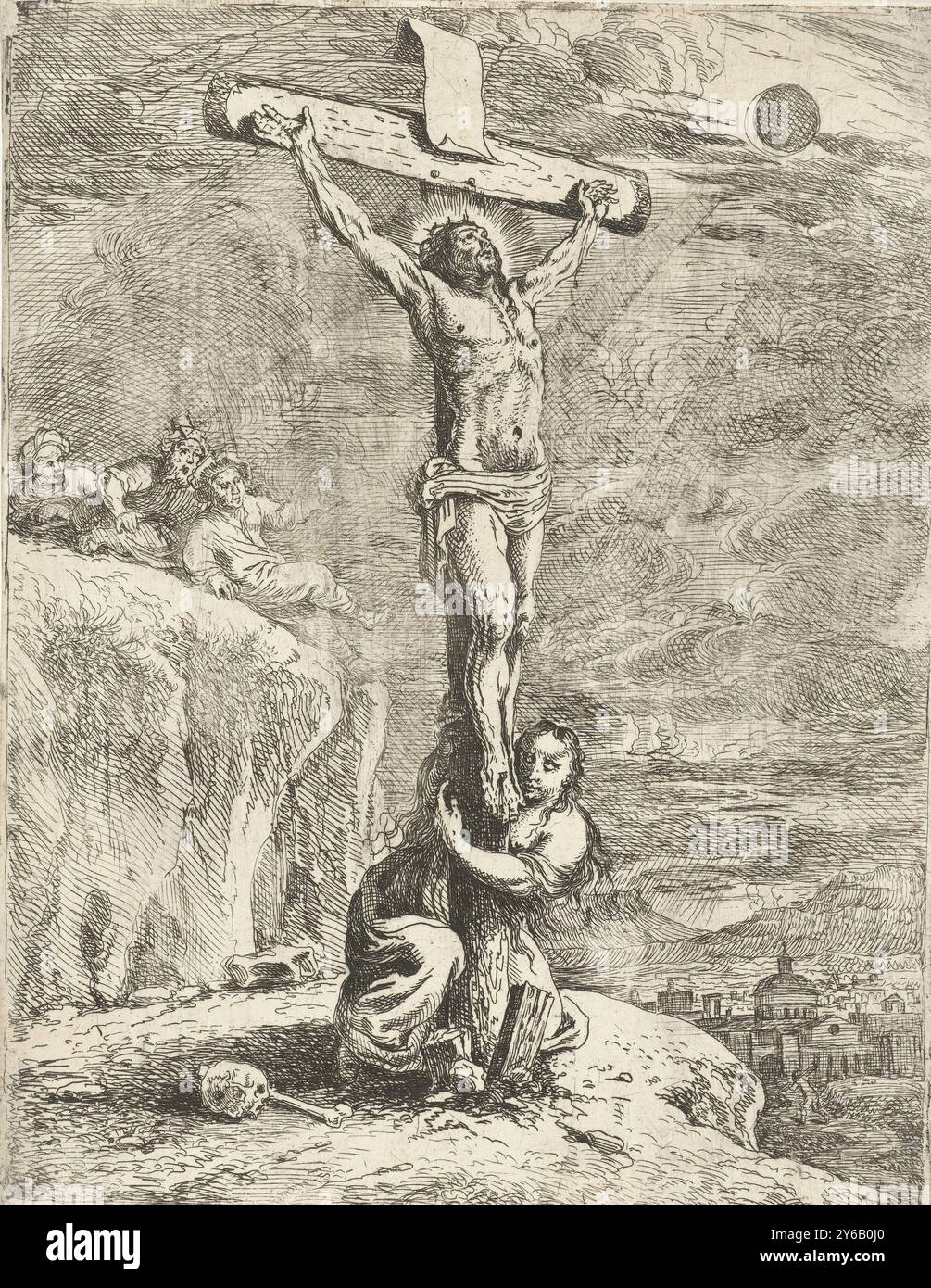 Christ on the cross, Mary Magdalene embraces the cross, print, print ...