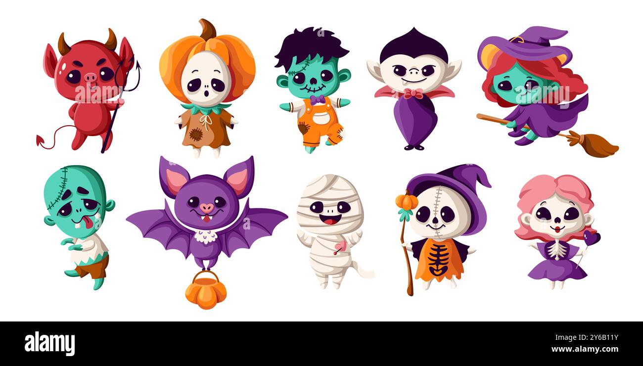 Halloween monsters characters flat color vector icon set Stock Vector ...