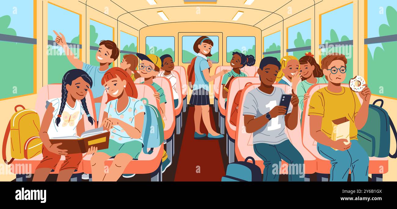 Happy diverse students riding school bus flat illustration Stock Vector ...