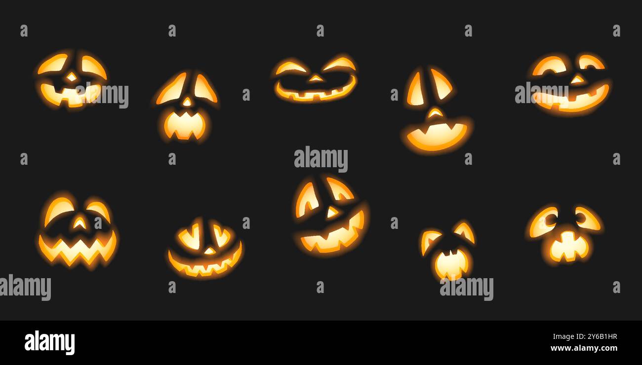 Glowing Halloween pumpkins faces realistic color icons set Stock Vector ...
