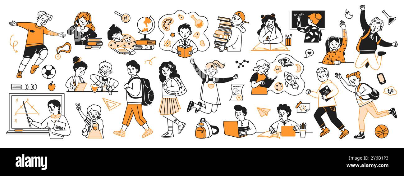 Students and teachers doodle line and color illustration set Stock ...