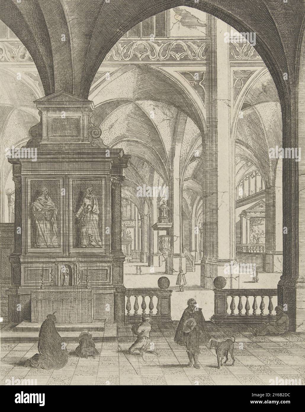 Church interior, Figures in a Gothic church interior. Marked top right ...
