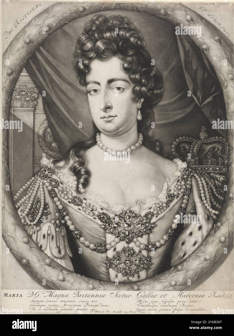 Portrait of Mary II Stuart, Portrait of Mary II in an oval of laurel ...