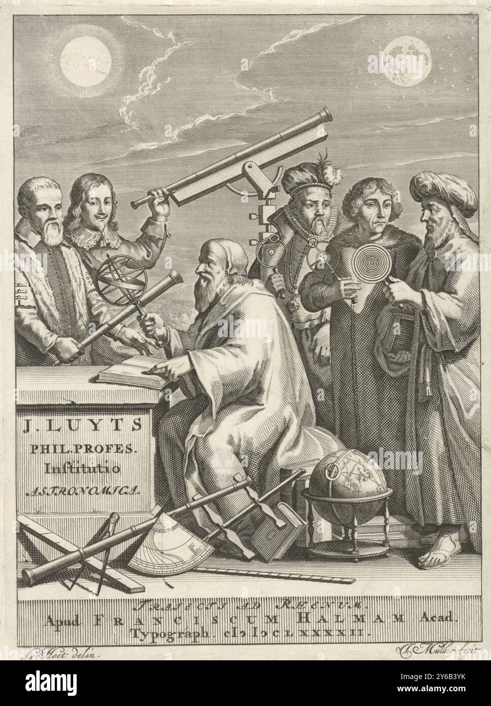 Six astronomers, Title page for: J. Luyts, Astronomica institutio, 1692 ...