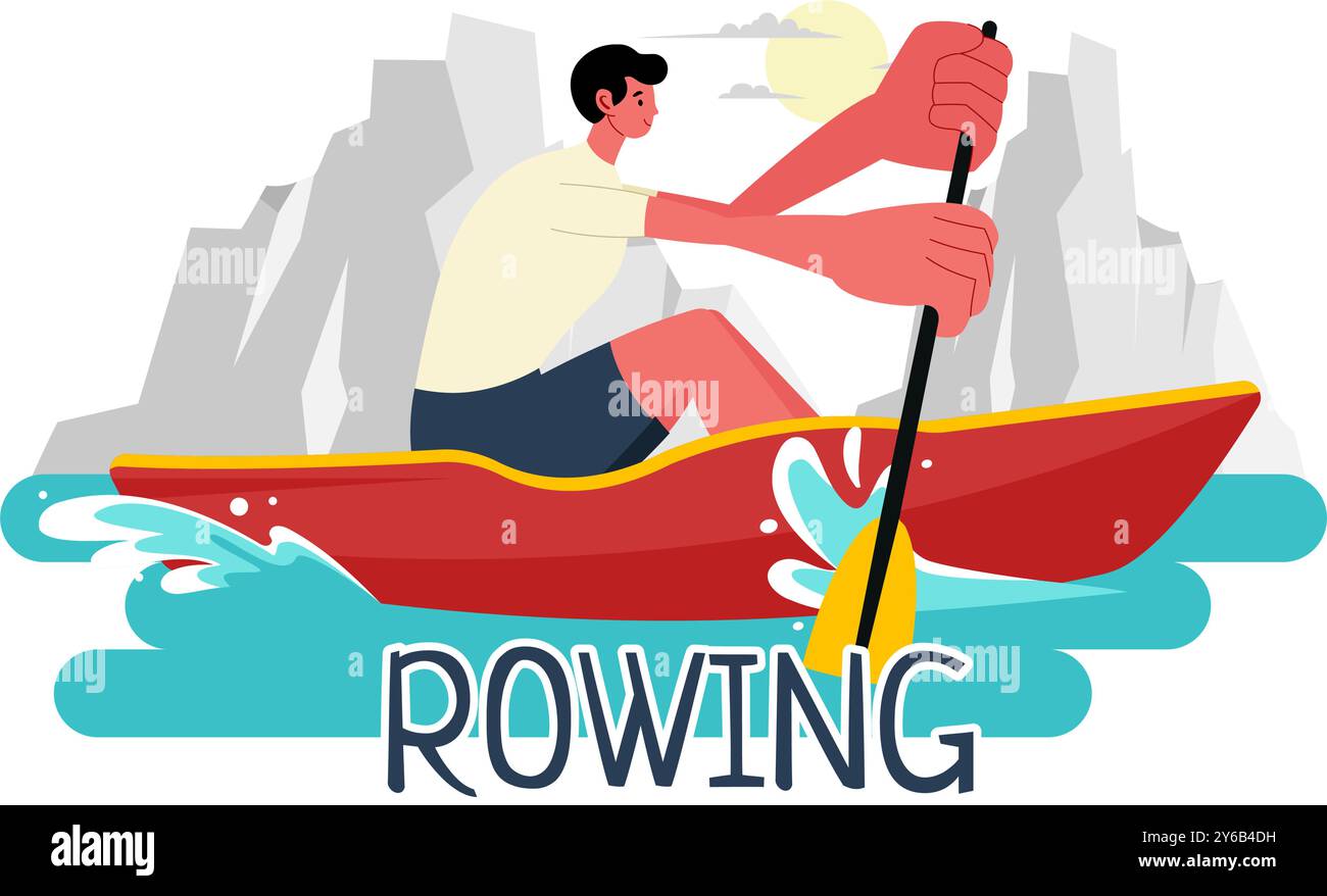 People Enjoying Rowing Vector Illustration with Canoes and Sailing on a ...
