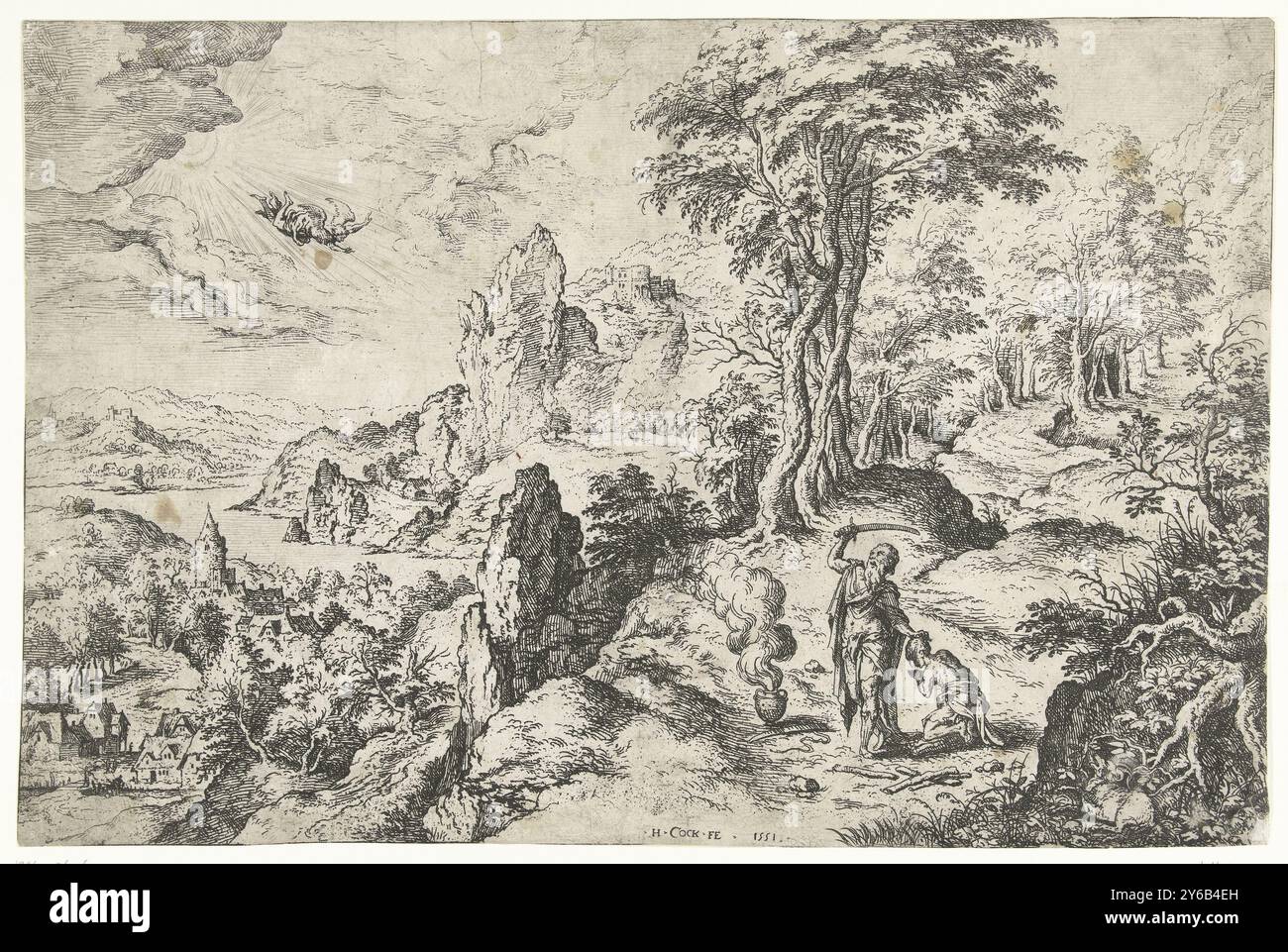 Landscape with the sacrifice of Isaac, Abraham and Isaac are standing ...