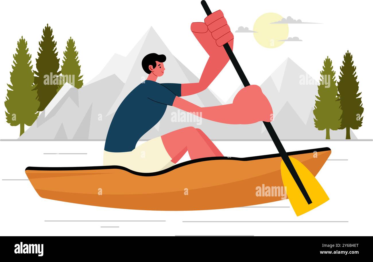 People Enjoying Rowing Vector Illustration with Canoes and Sailing on a ...