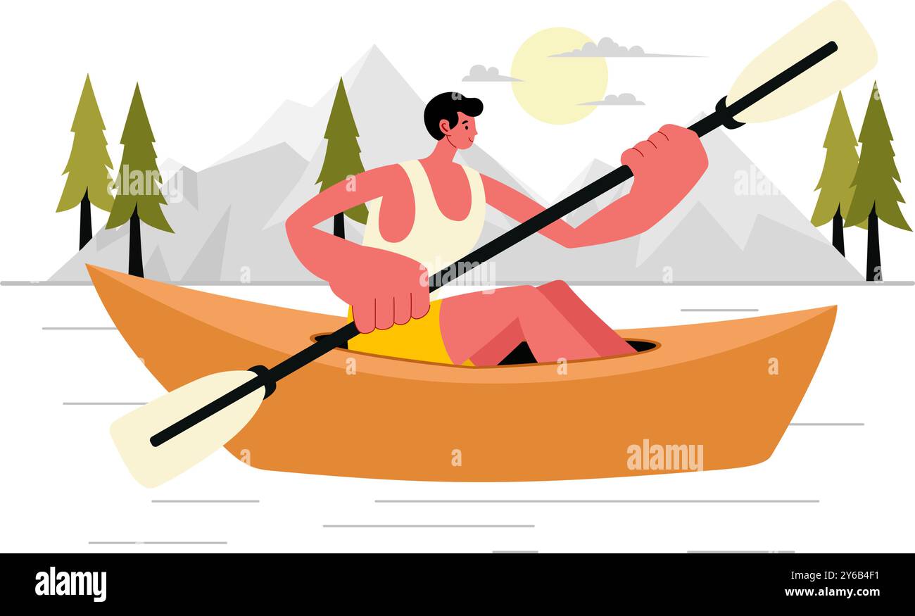 People Enjoying Rowing Vector Illustration with Canoes and Sailing on a ...