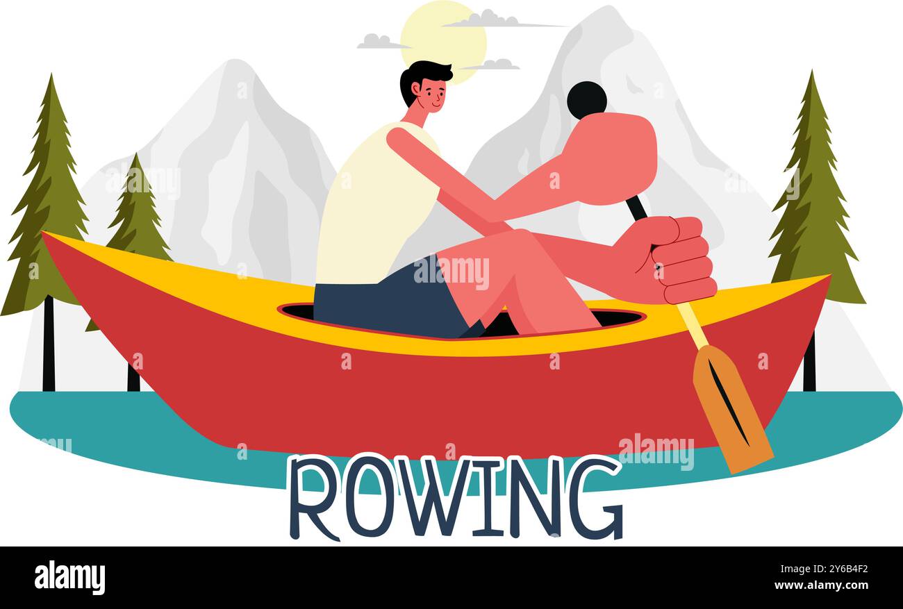 People Enjoying Rowing Vector Illustration with Canoes and Sailing on a ...