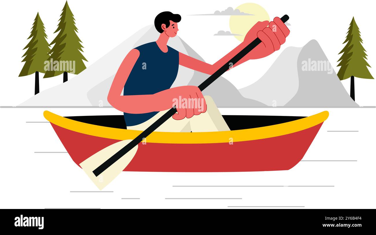 People Enjoying Rowing Vector Illustration with Canoes and Sailing on a ...