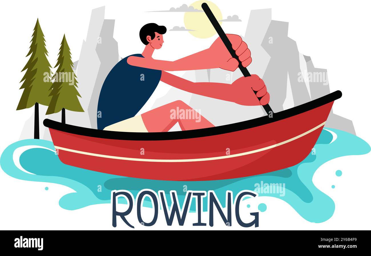 People Enjoying Rowing Vector Illustration with Canoes and Sailing on a ...