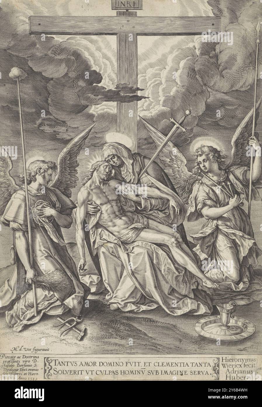 Pieta, Mary weeps with the dead body of Christ on her lap at the foot of the cross. A sword has ...