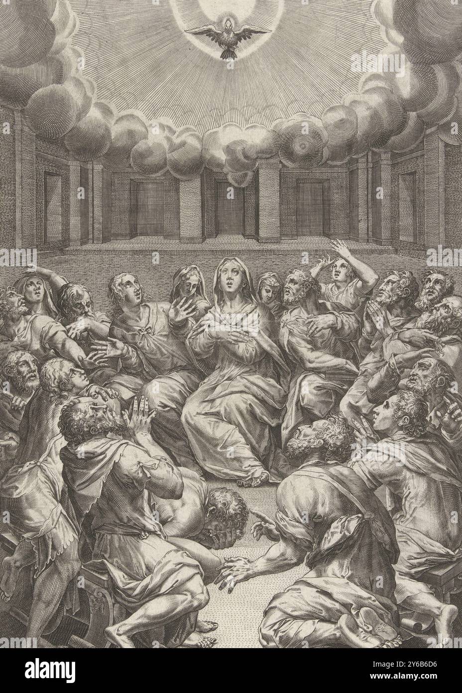 Outpouring of the Holy Spirit, Mary and the apostles sit in a circle in ...