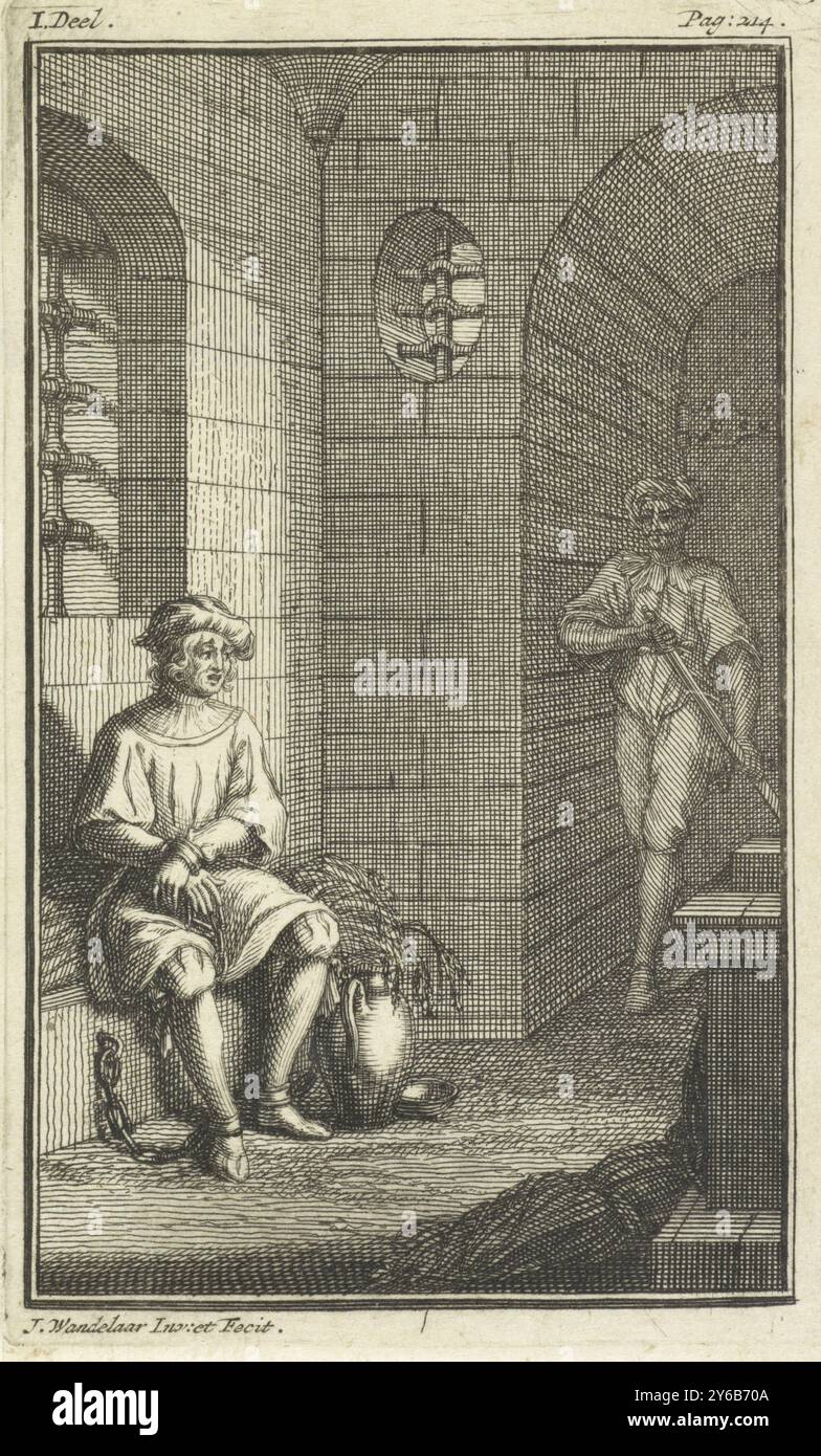 Man in a prison, A prisoner is chained to a straw bed. In front of him ...