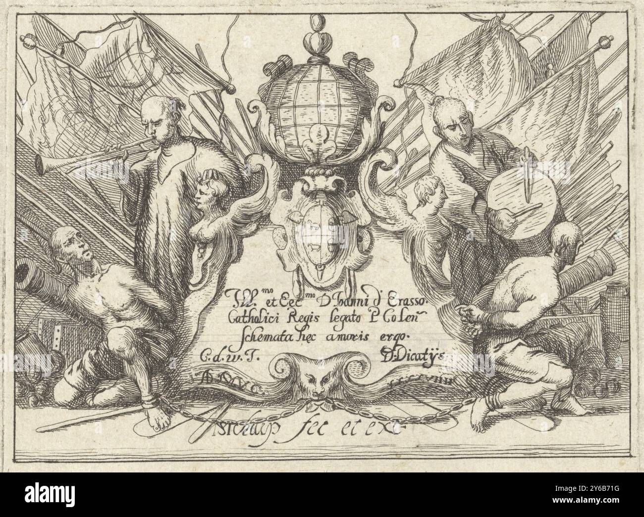 Islamic galley slaves on either side of a cartouche, Islamic galley ...