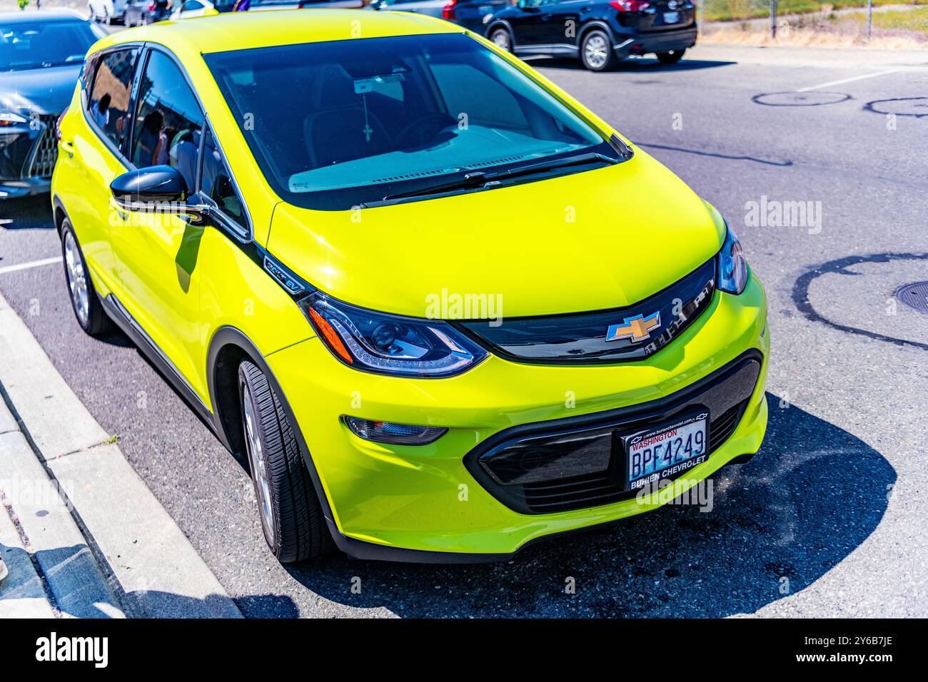 Seattle, USA - July 14, 2024: 2019 Chevrolet Bolt EV LT lime color car ...