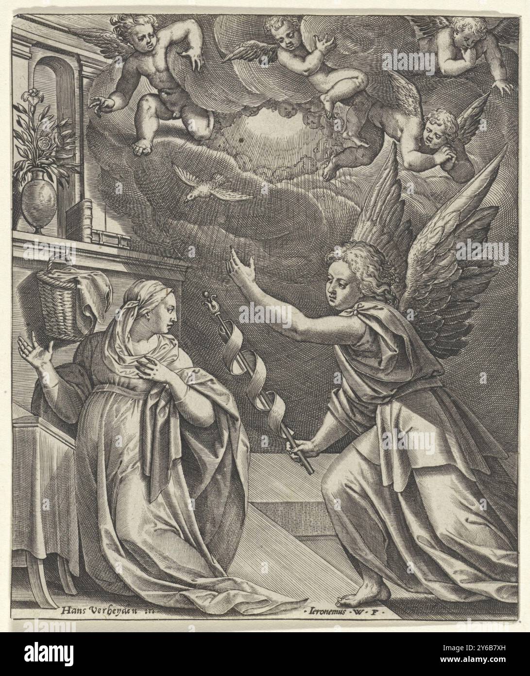 Annunciation, Mary is kneeling at her lectern. She looks over her ...