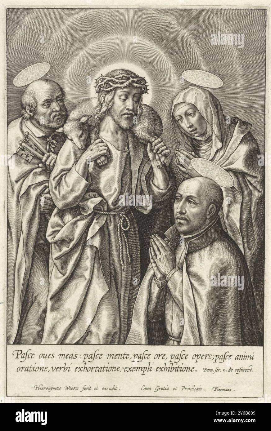Ignatius of Loyola kneels before Christ as the Good Shepherd, Ignatius of Loyola kneels with ...