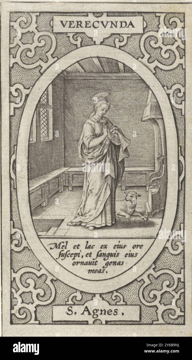 Saint Agnes, Saint Agnes prays in a chapel. A lamb lies at her feet ...