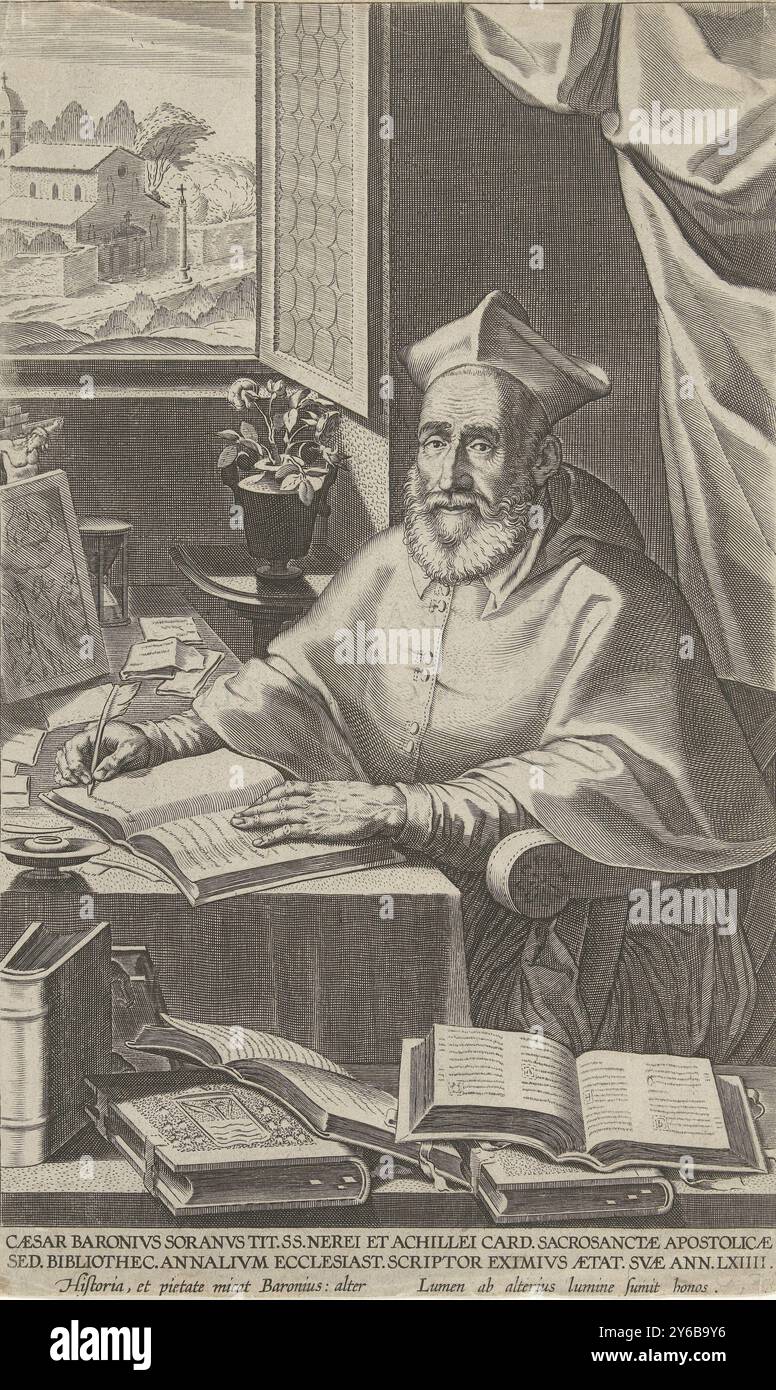 Portrait of Cesare Baronio, Cardinal Baronius sits at a table and ...
