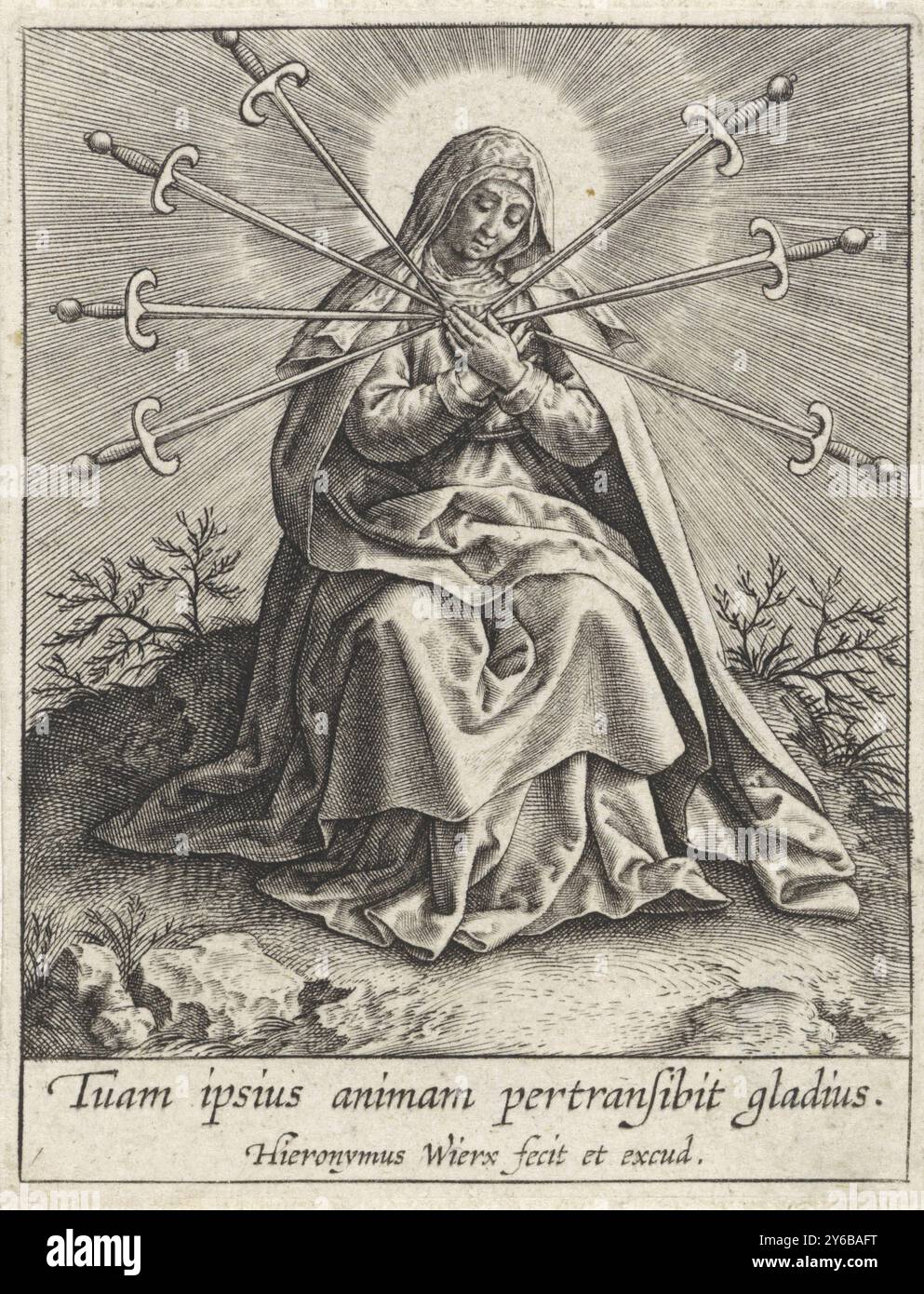 Maria as Mater Dolorosa, Maria sits with her hands crossed in front of ...