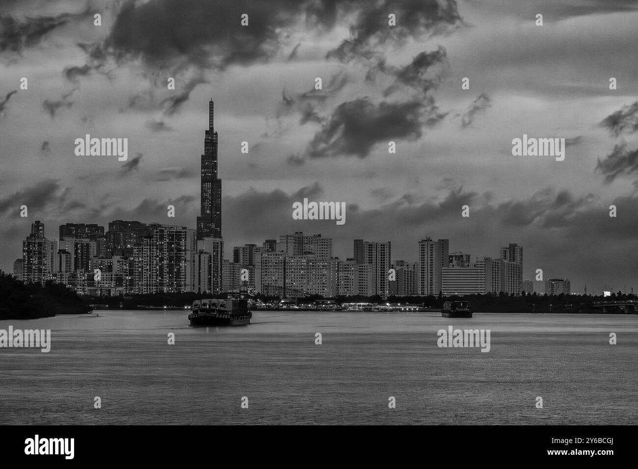 Saigon bay and city on a stormy evening black and white Stock Photo - Alamy