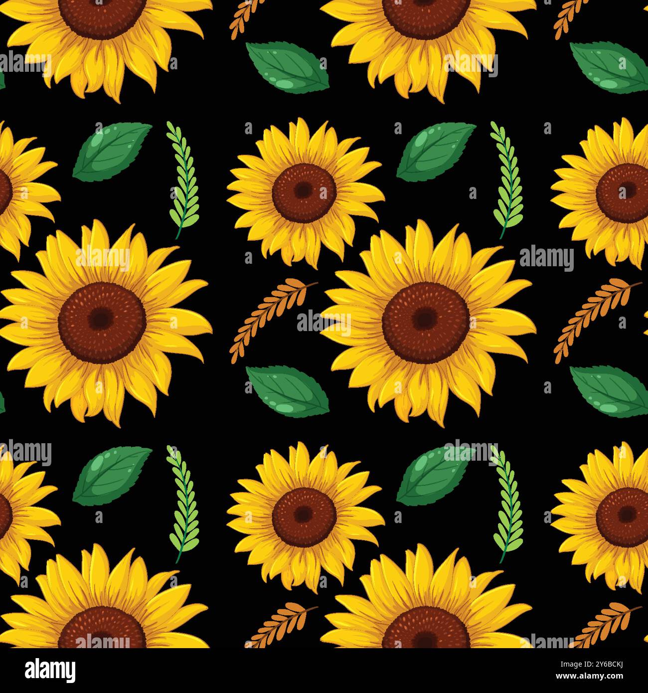 Bright sunflowers with green leaves on black background Stock Vector ...