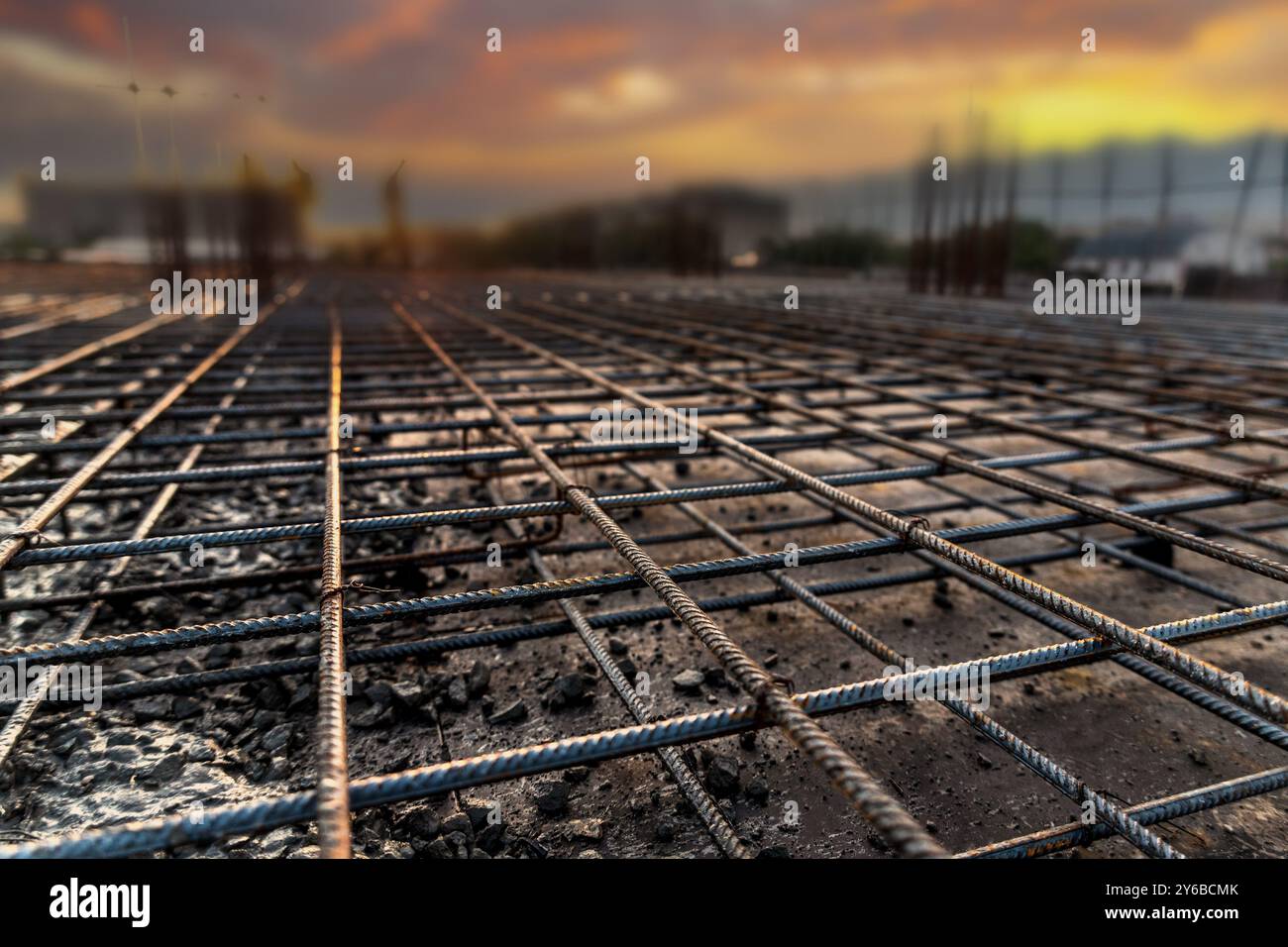 Construction site in sunset lighting - Reinforcement frame of the ...
