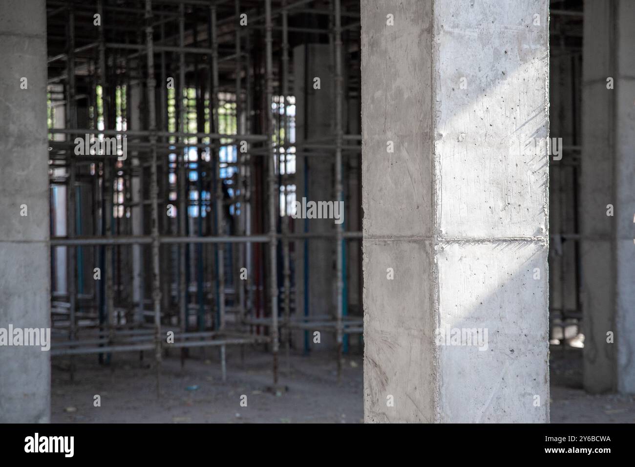 Reinforced Concrete Column Stands Amidst Scaffolding, Awaiting Concrete ...