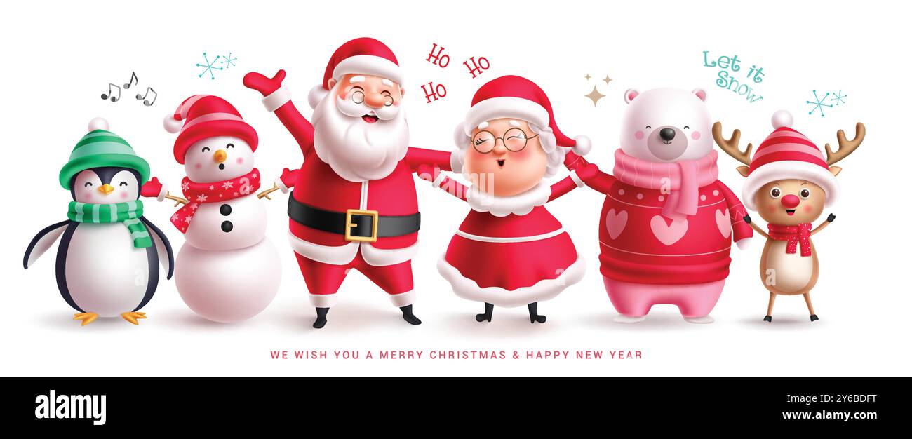 Christmas characters set vector banner design. Santa claus, mrs claus ...