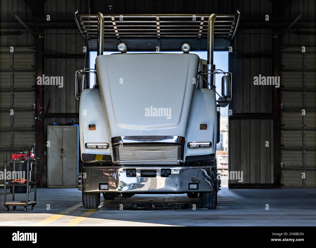 Industrial white possibly broken big rig semi truck with open hood ...
