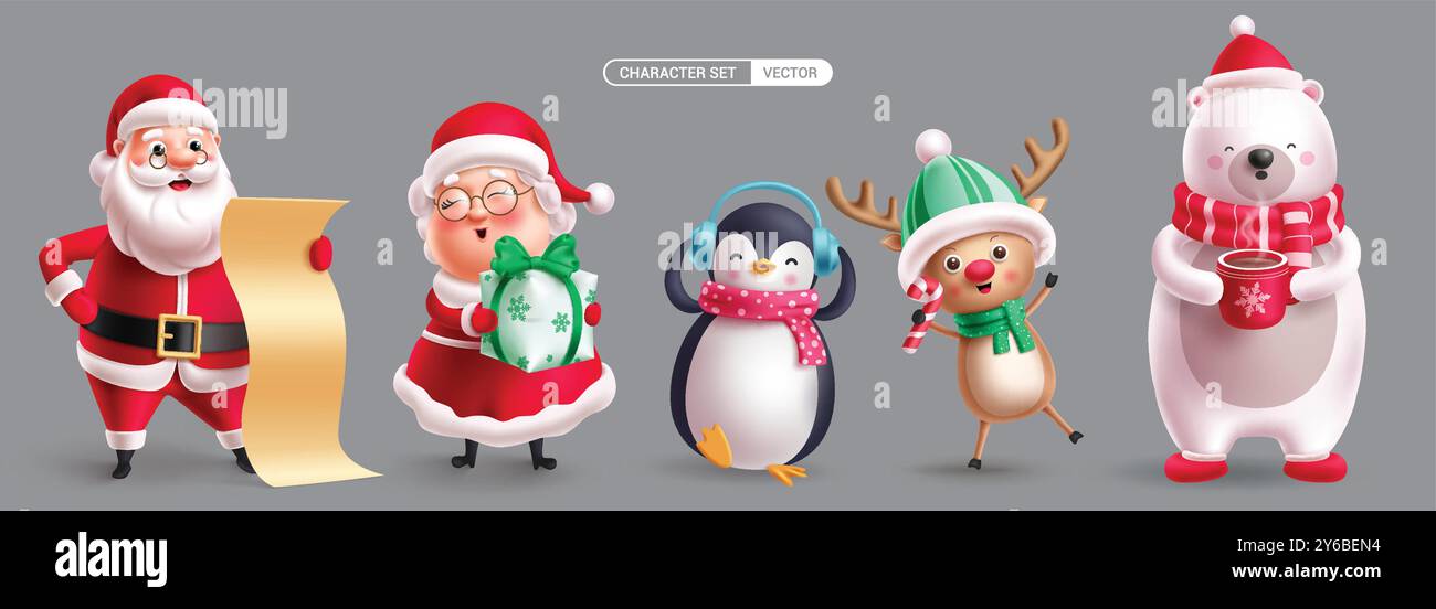 Christmas characters vector set design. Santa claus reading wish list ...