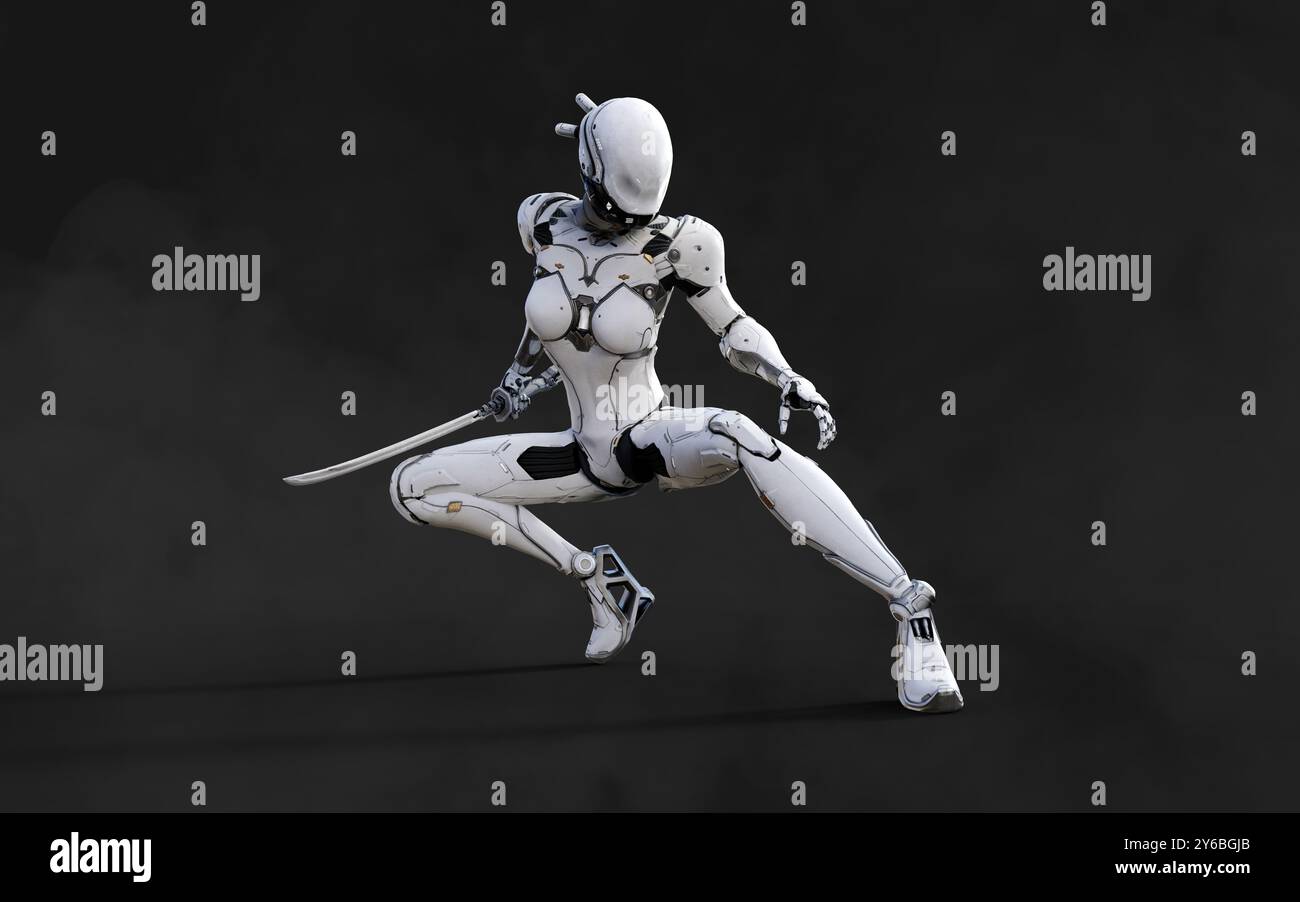 3d illustration of A woman cyborg ninja pose with katana on white ...