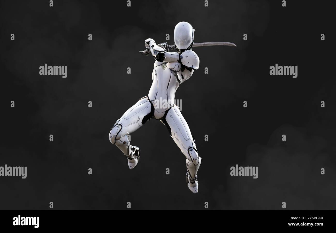 3d illustration of A woman cyborg ninja pose with katana on white ...