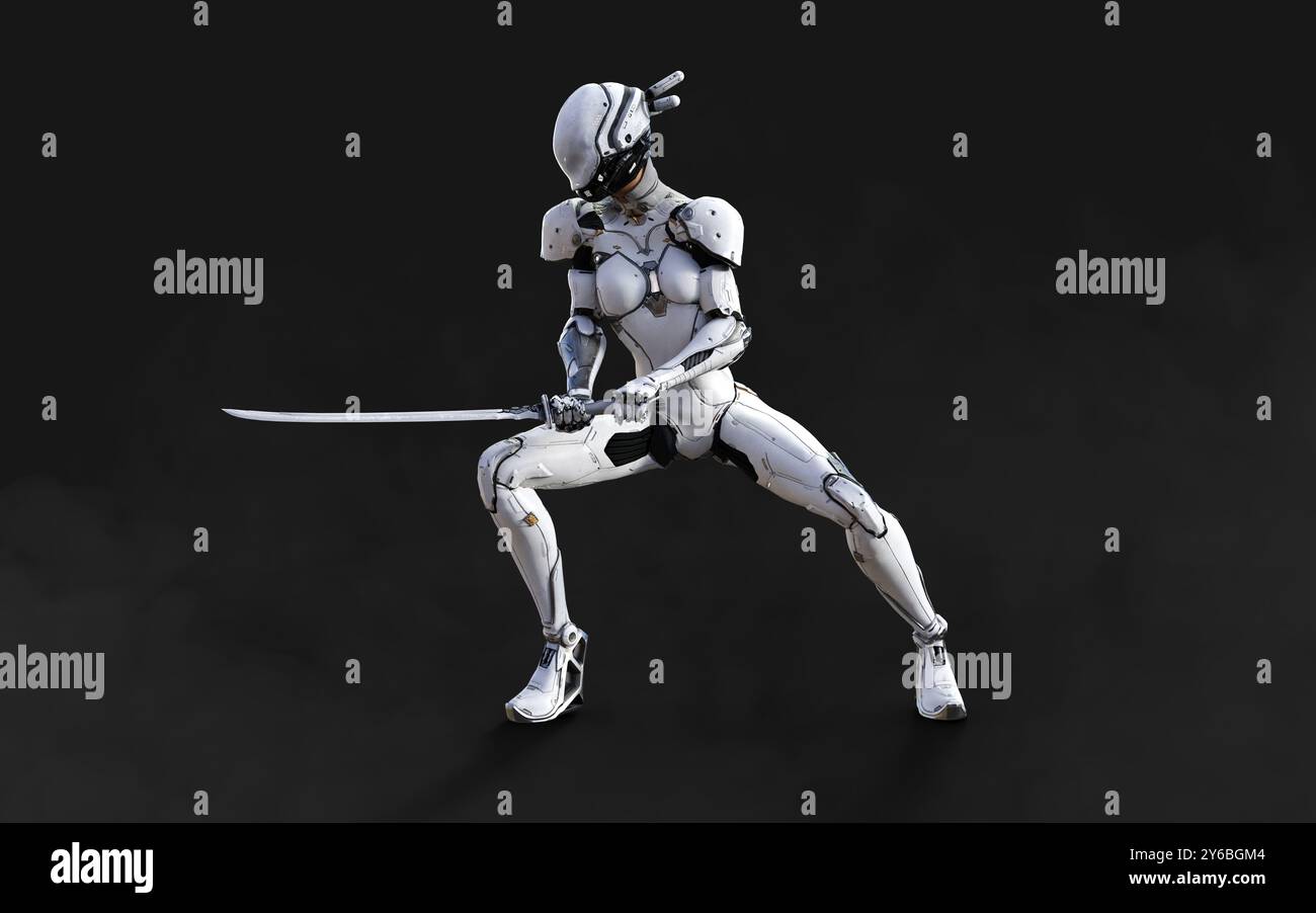 3d illustration of A woman cyborg ninja pose with katana on white ...