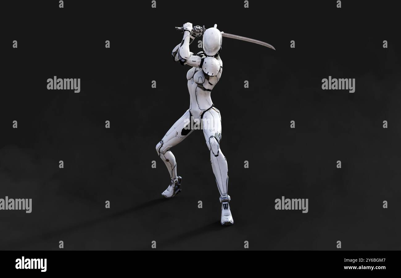 3d illustration of A woman cyborg ninja pose with katana on white ...