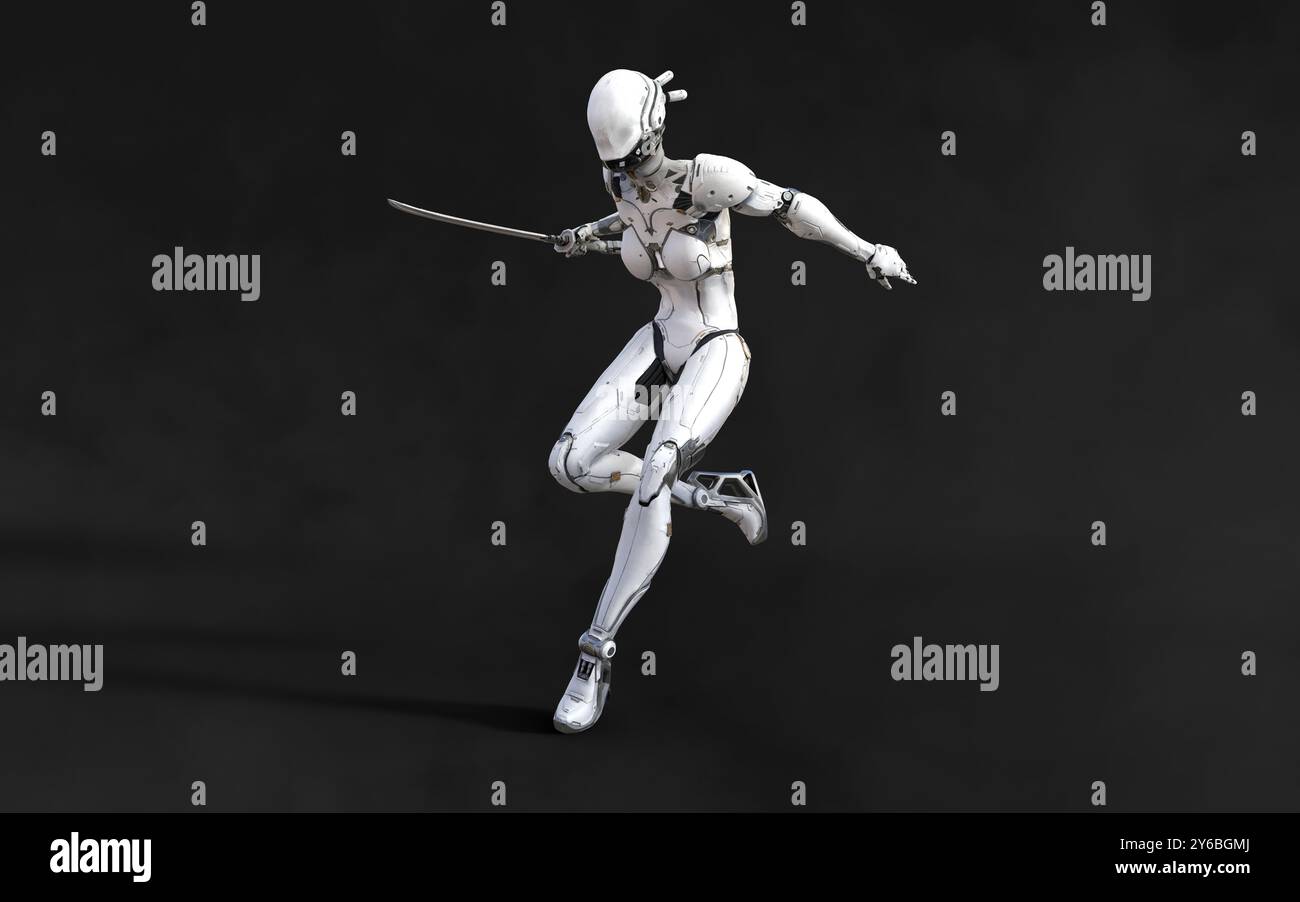 3d illustration of A woman cyborg ninja pose with katana on white ...