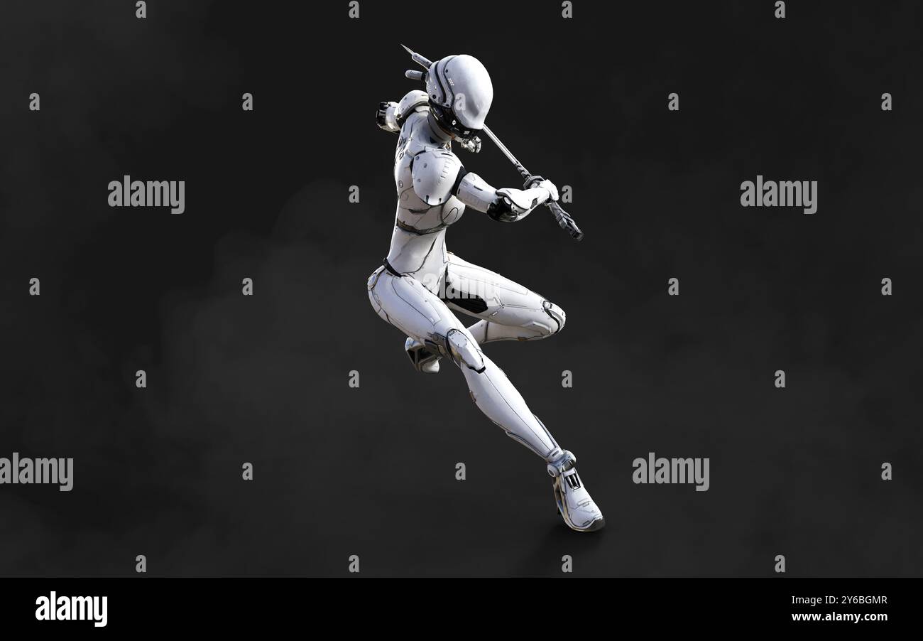 3d illustration of A woman cyborg ninja pose with katana on white ...