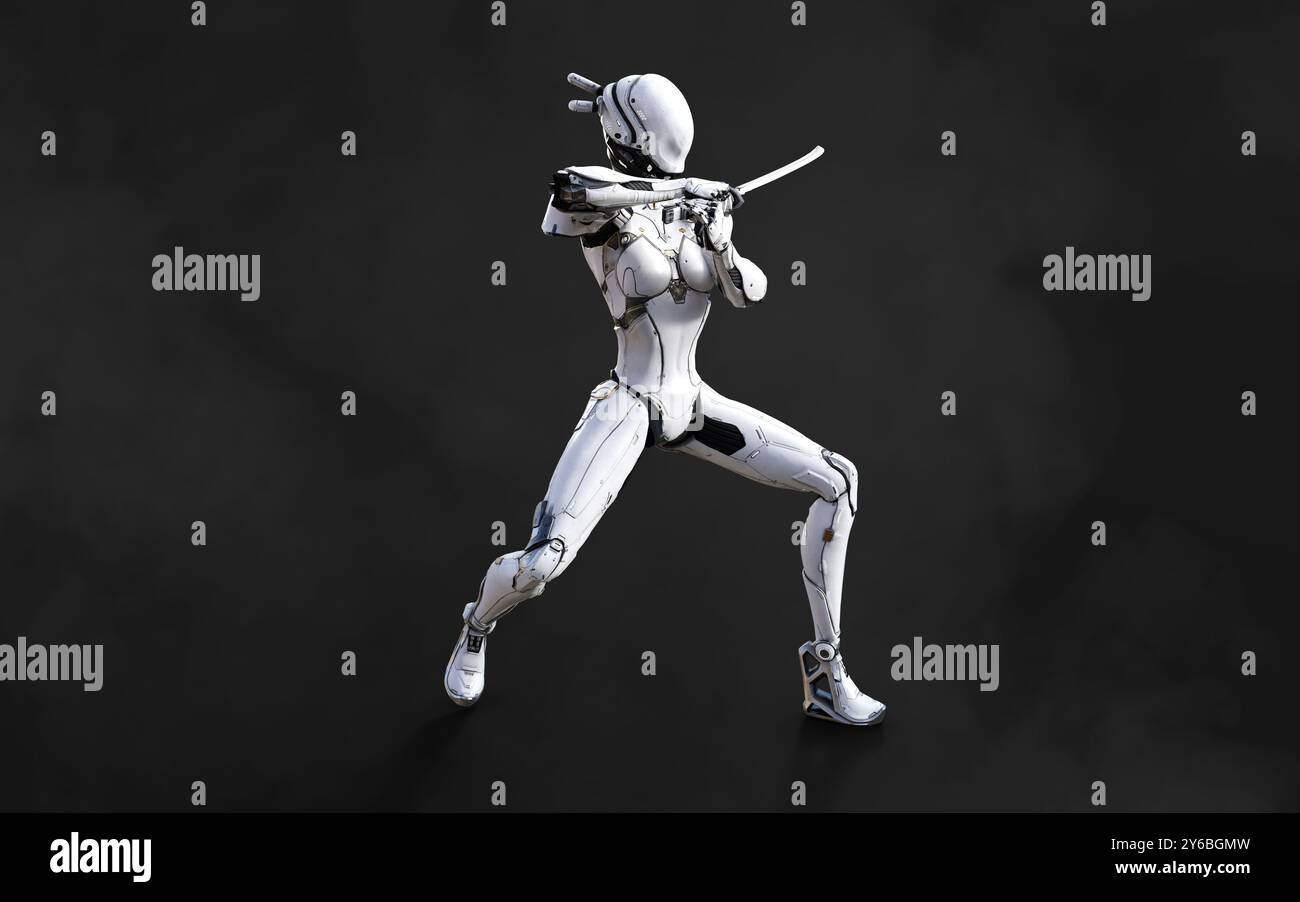 3d illustration of A woman cyborg ninja pose with katana on white ...