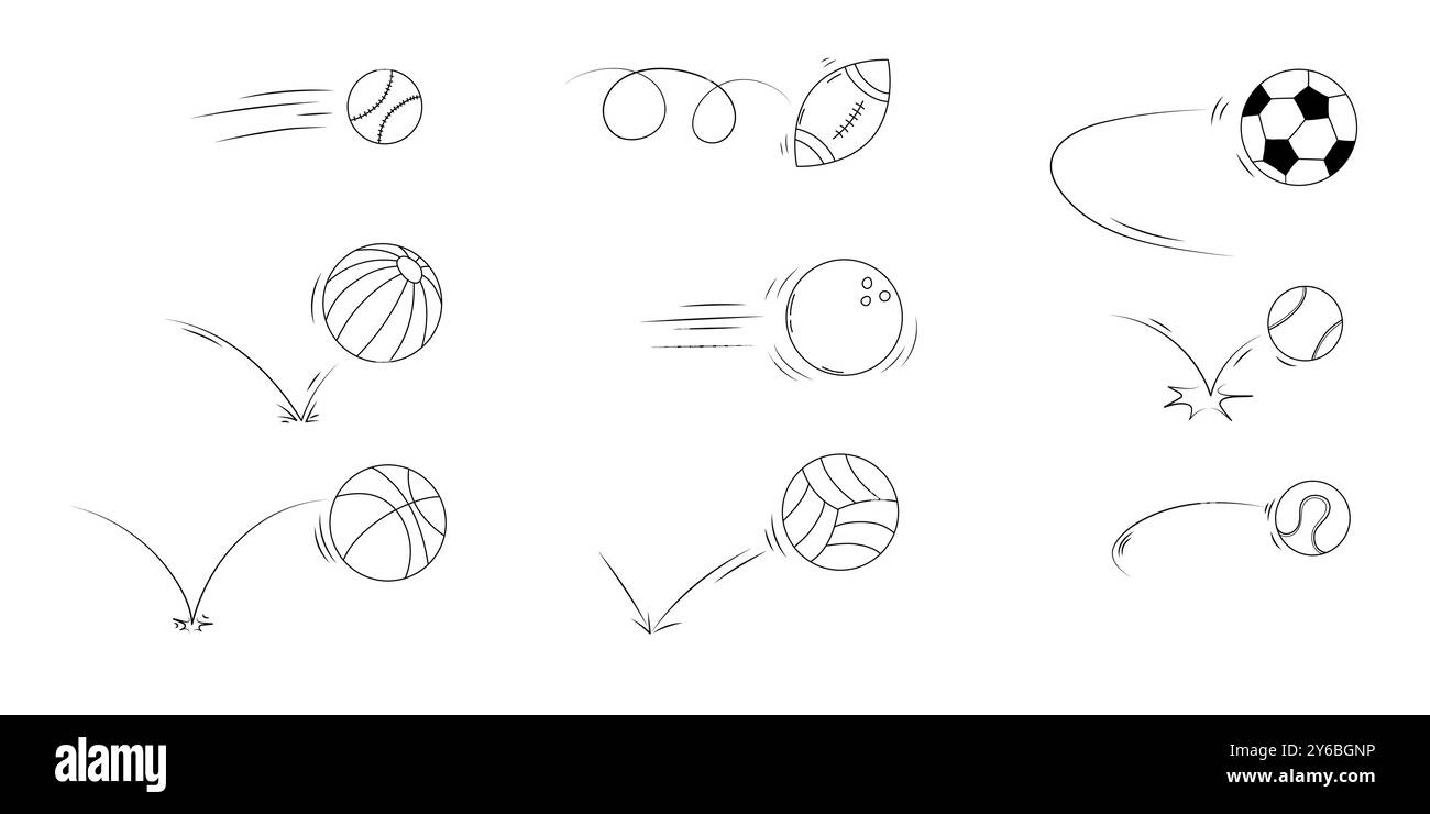 Doodle sport ball trajectory bounce collection. Line hand drawn balls ...