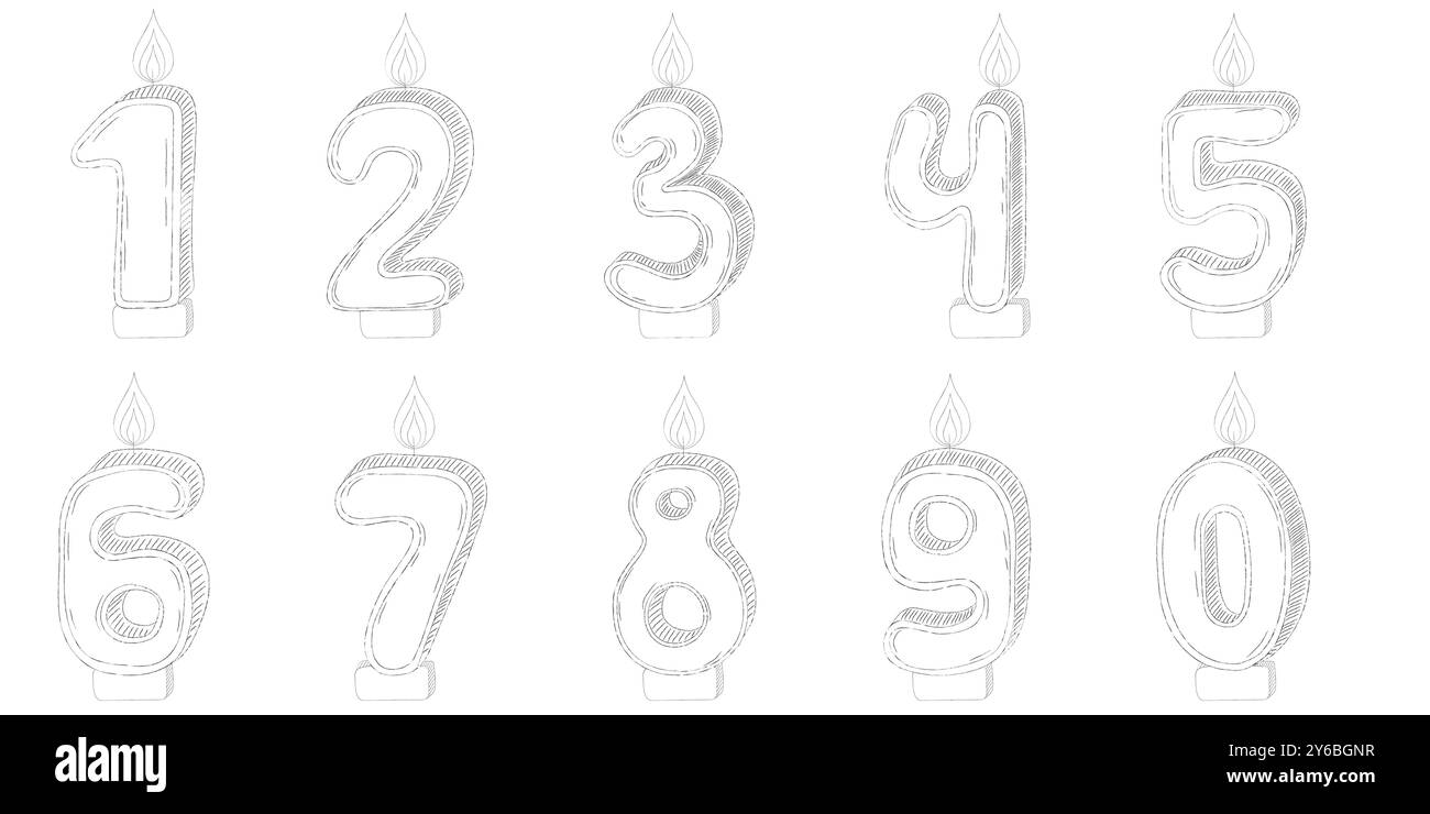 Set of Birthday candle numbers with burning flames in doodle style ...