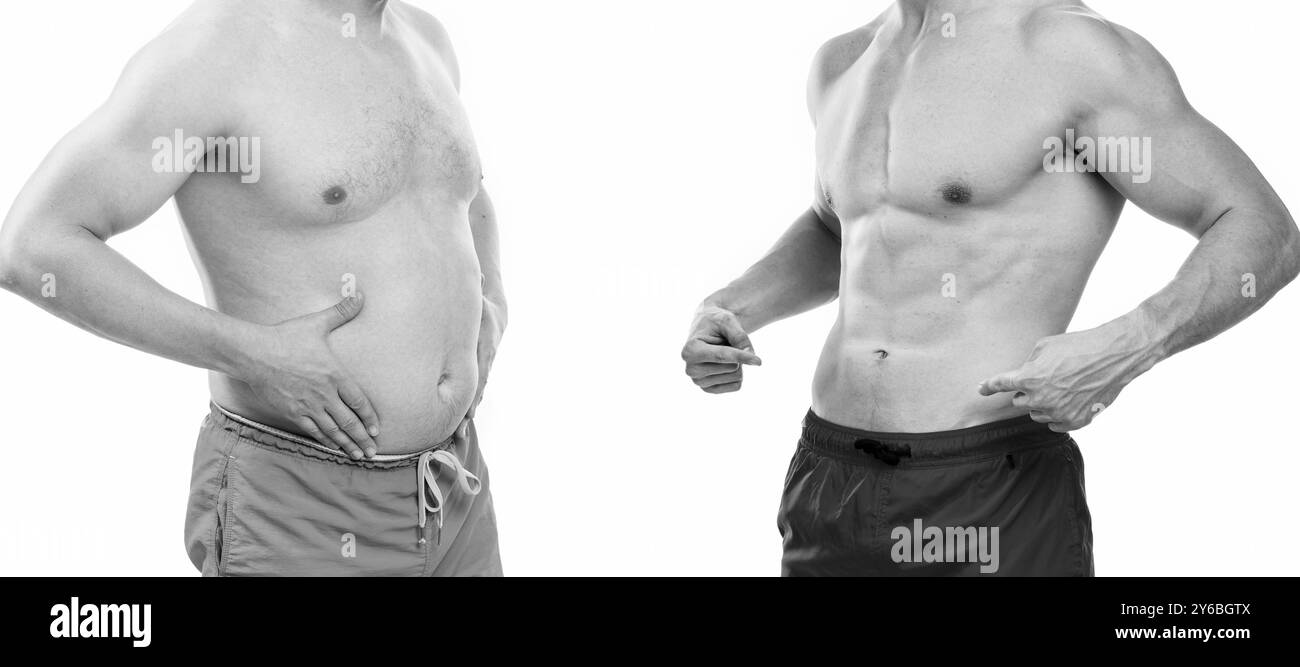 belly abs comparison of men in studio, point finger. cropped view of ...