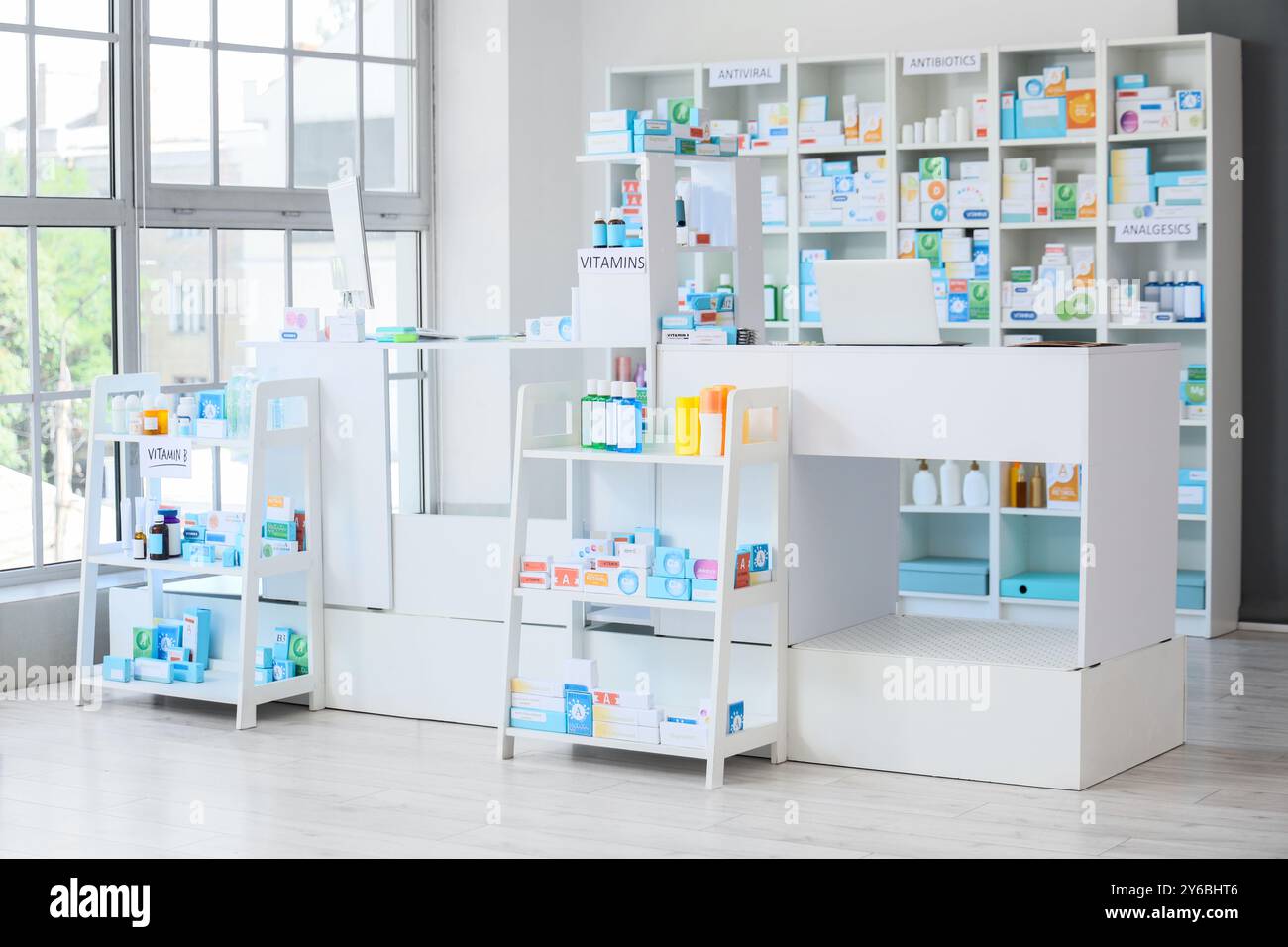 Interior of pharmacy with counter, shelf unit and medications Stock ...